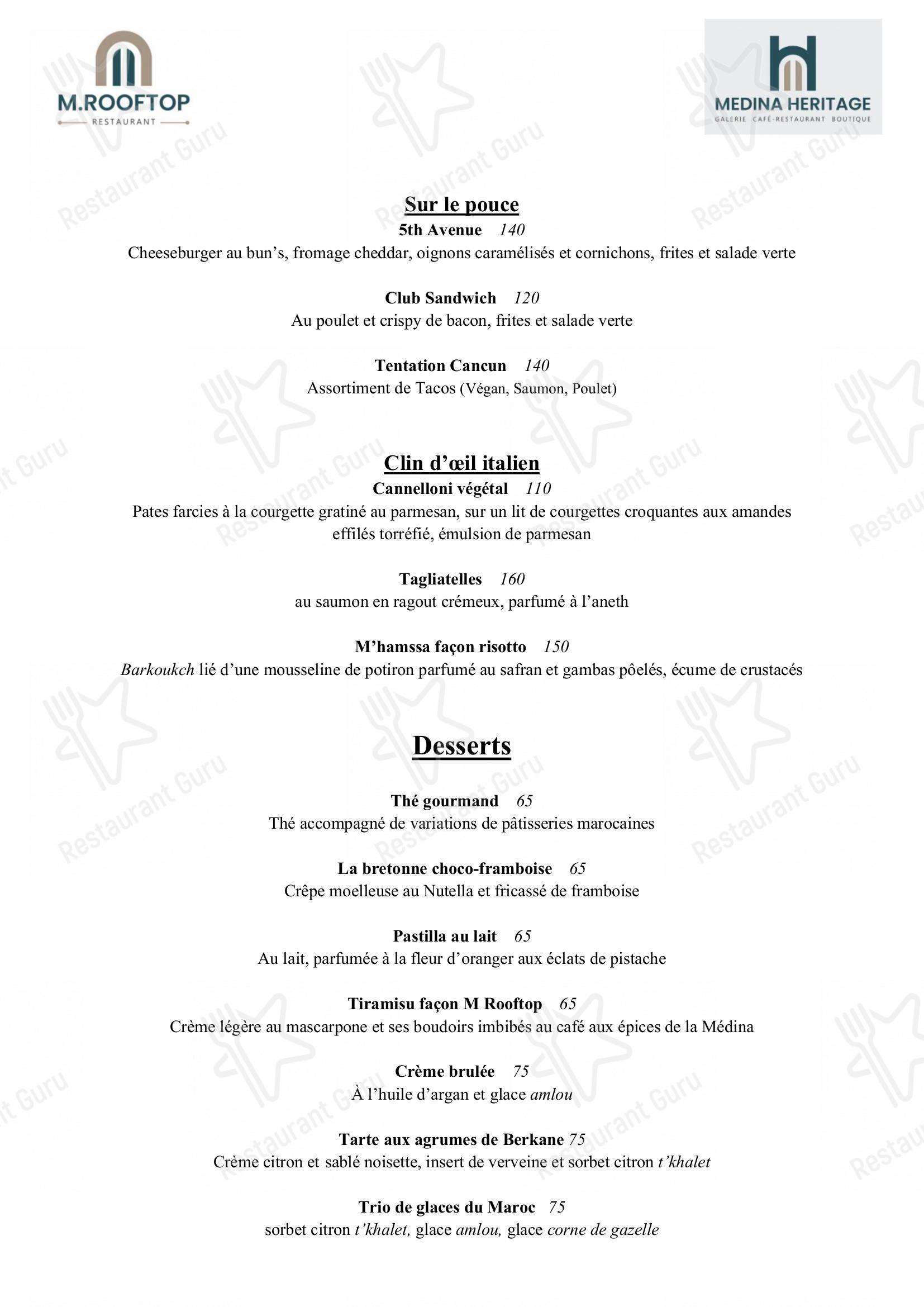 Menu au M Rooftop by Medina Heritage restaurant, Marrakech