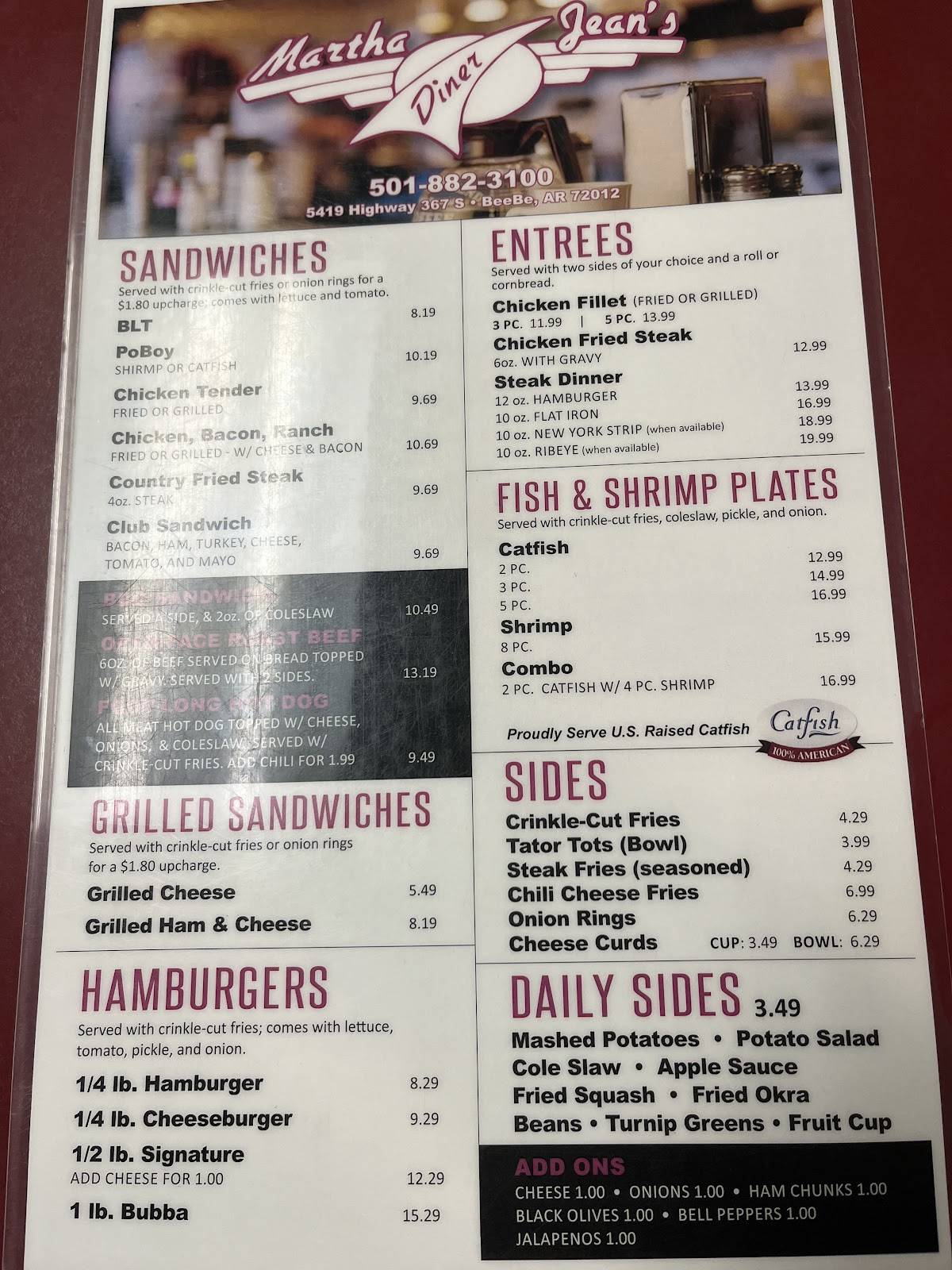 Menu at Martha Jean's Diner LLC cafe, Beebe