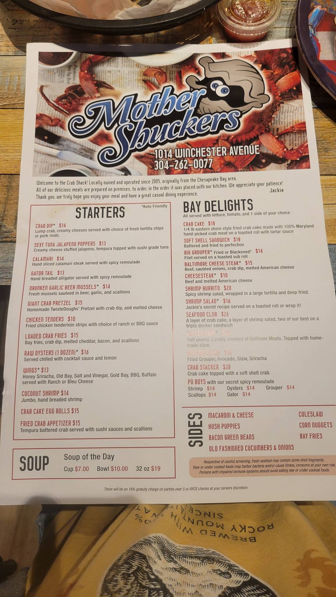 Menu at Mother Shuckers Crab Shack restaurant, Martinsburg