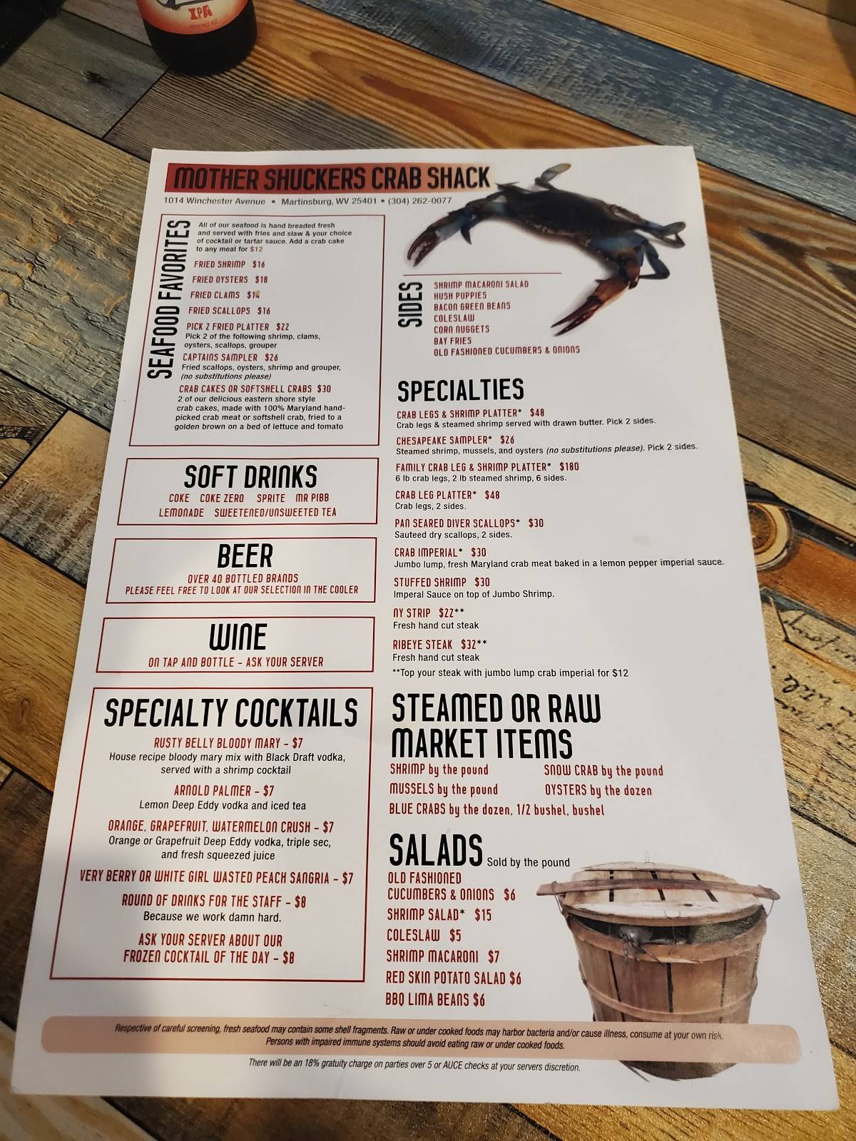 Menu at Mother Shuckers Crab Shack restaurant, Martinsburg