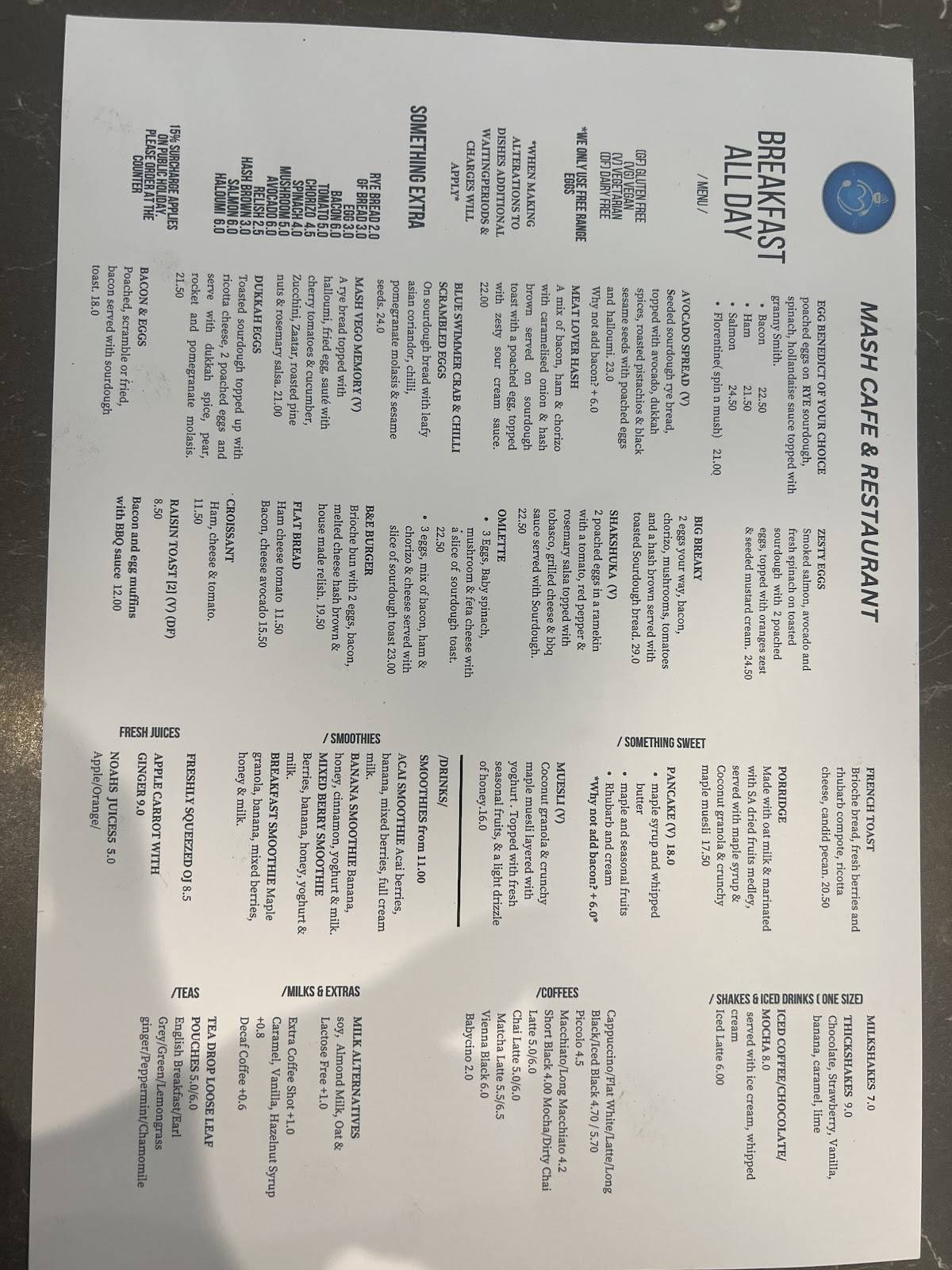 Menu at Mash cafe and restaurant, Port Adelaide