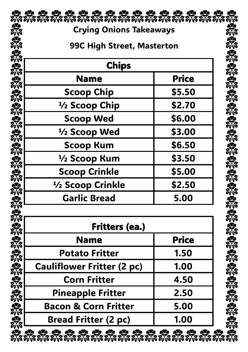 Menu at crying onion Takeaways masterton restaurant, Masterton