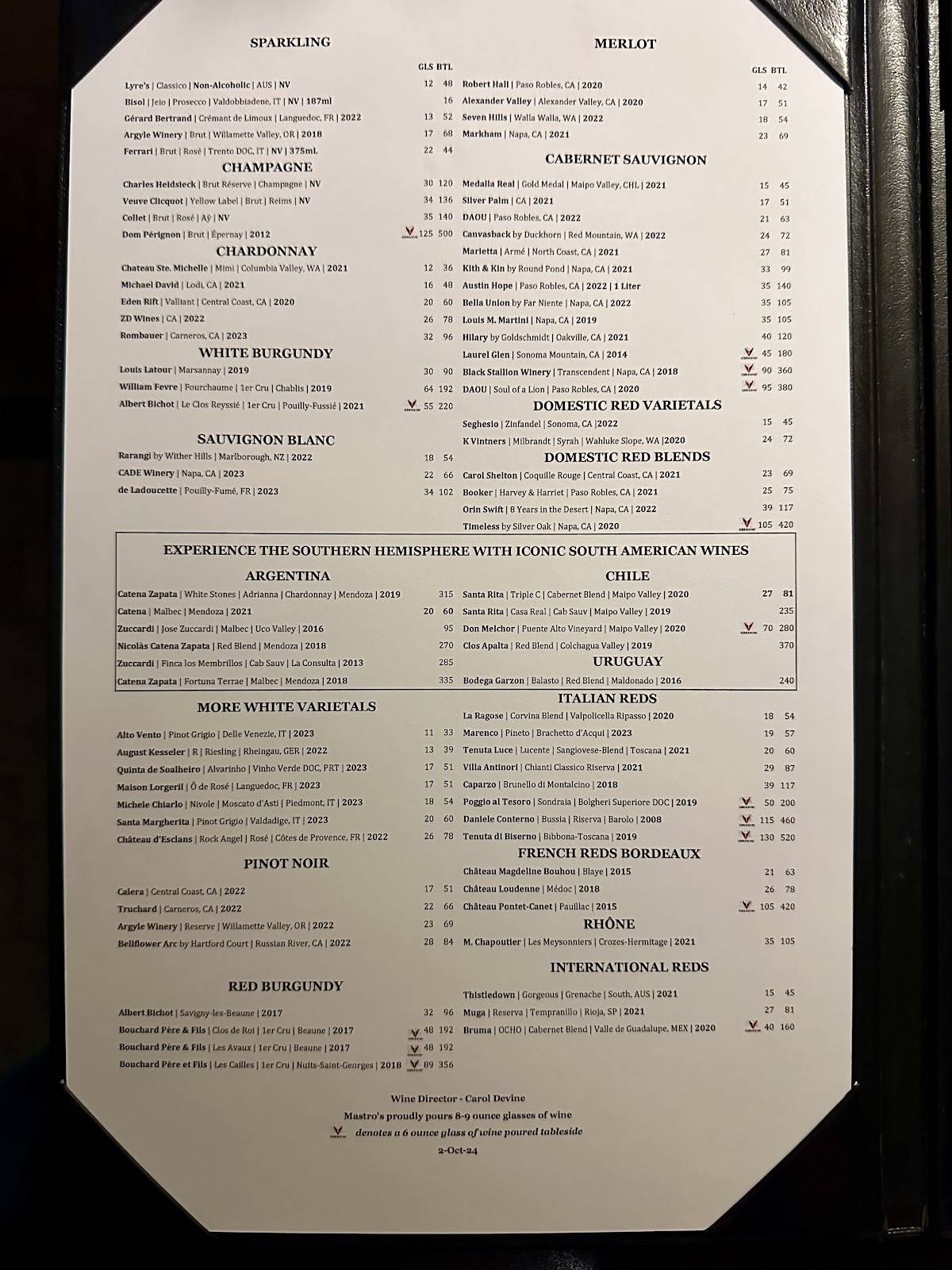 Menu at Mastro's Steakhouse, Palm Desert, El Paseo STE 120