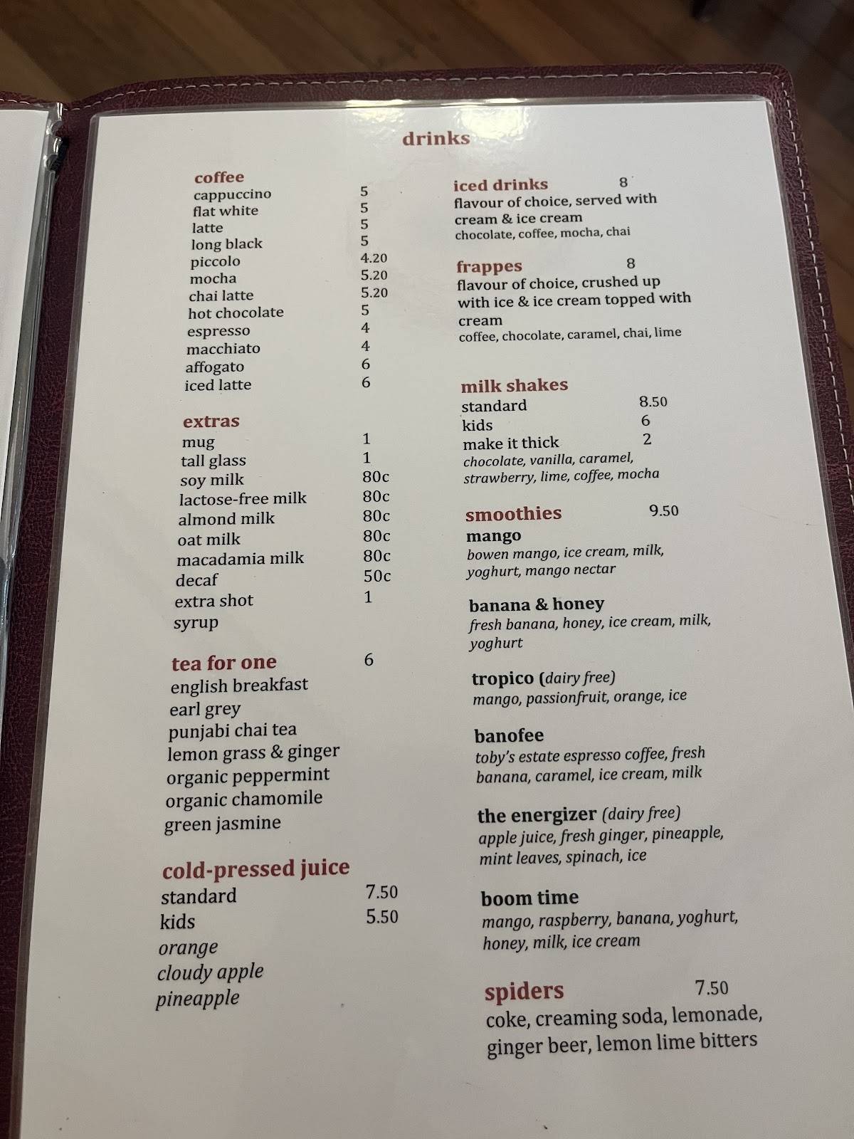 Menu at Matthew Thomas cafe, Sandgate