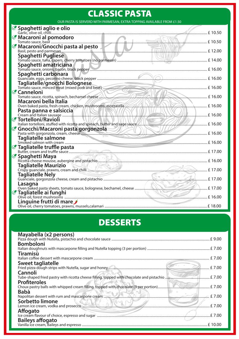 Menu at Maurizio's restaurant, Leicester