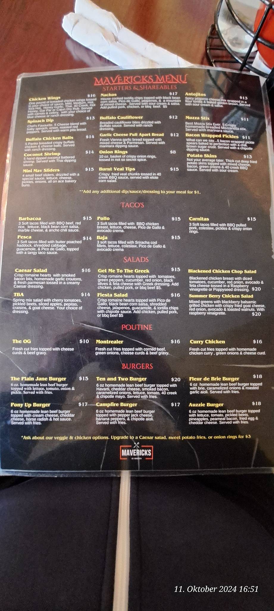 Menu at Mavericks pub & bar, Gananoque
