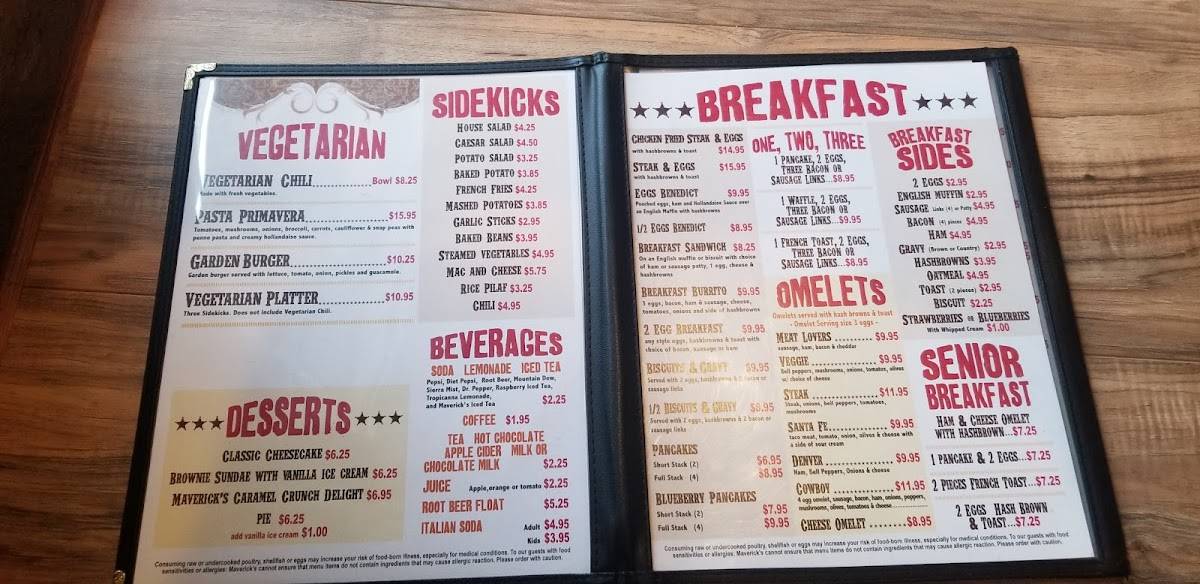 Menu at Maverick's Restaurant, Colville