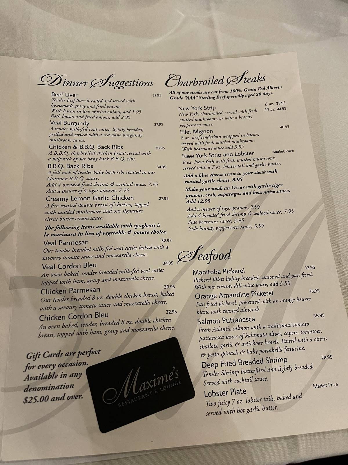 Menu at Maxime's Restaurant and Lounge, Winnipeg