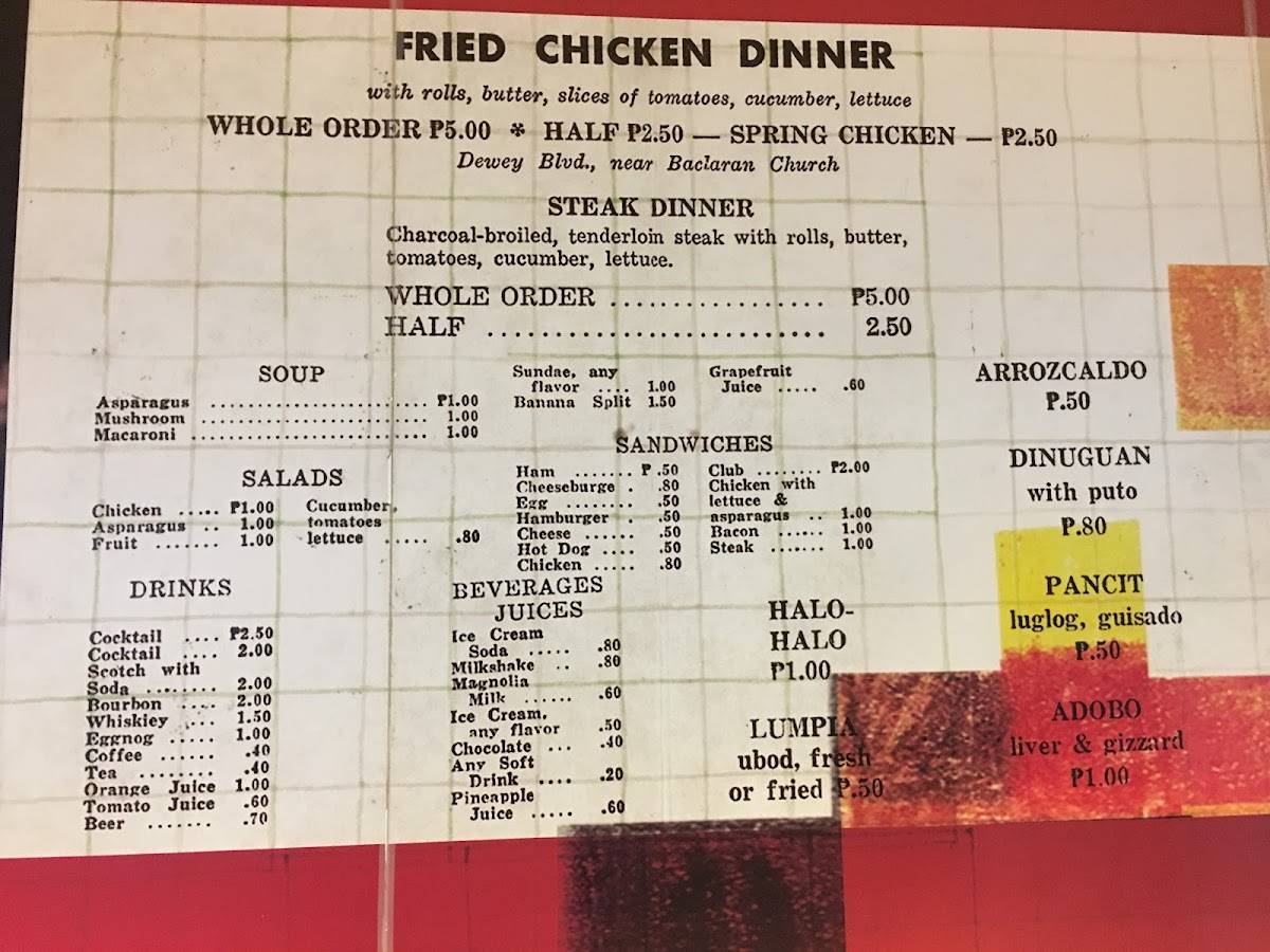 Menu at Max's Restaurant, Zamboanga