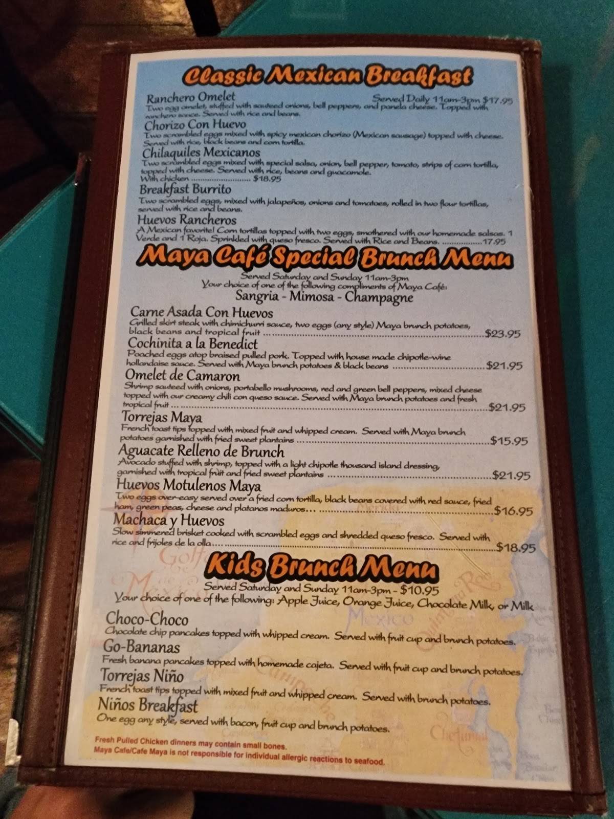 Menu at Maya Cafe, Fishkill