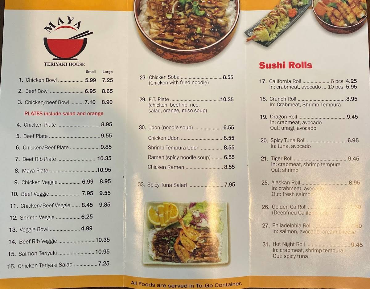 Menu at Maya Teriyaki restaurant, Paramount