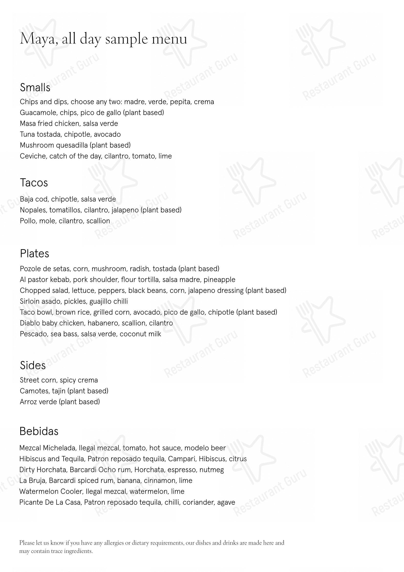 Menu at Maya at Electric Diner restaurant, London, 191 Portobello Rd
