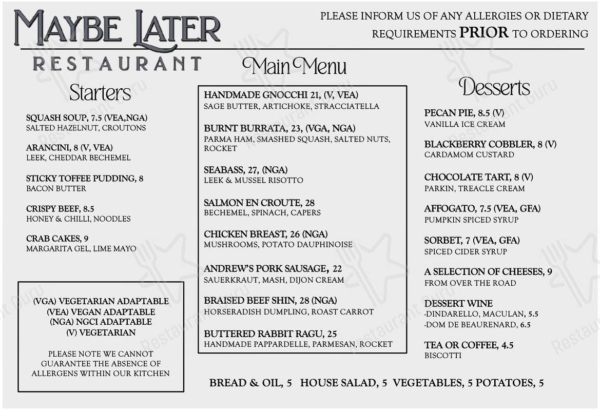 Menu at Maybe Later, Wetherby