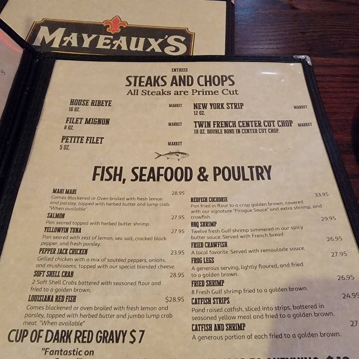 Menu at Mayeaux's Steak & Seafood Restaurant, Natchitoches