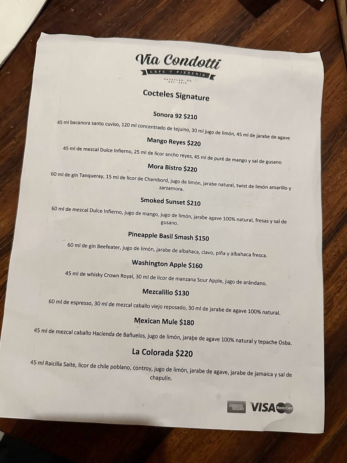 Menu at Via Condotti pizzeria, Mazatlán
