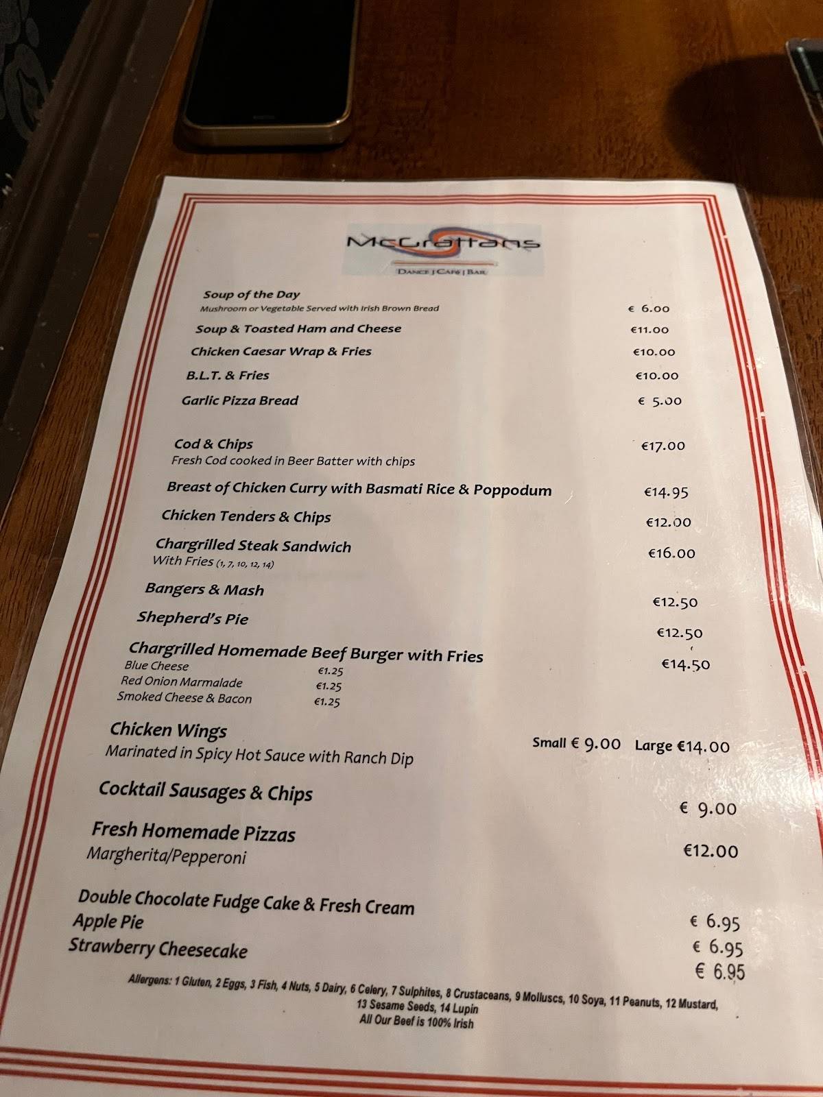 Menu at McGrattans Pub, Dublin