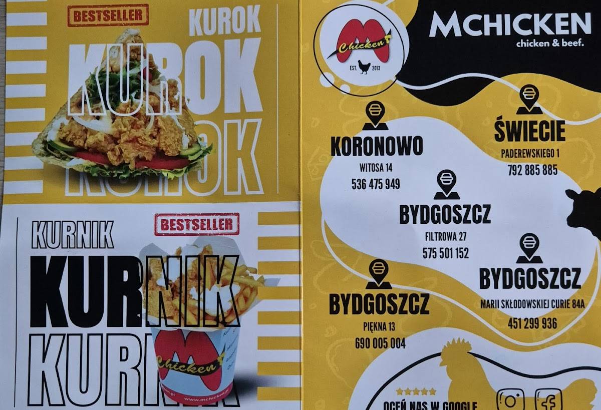 Menu at Mchicken restaurant, Bydgoszcz, Piękna 13