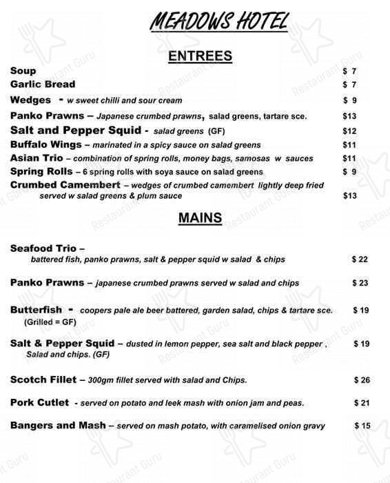 Menu at Meadows Hotel pub & bar, Meadows