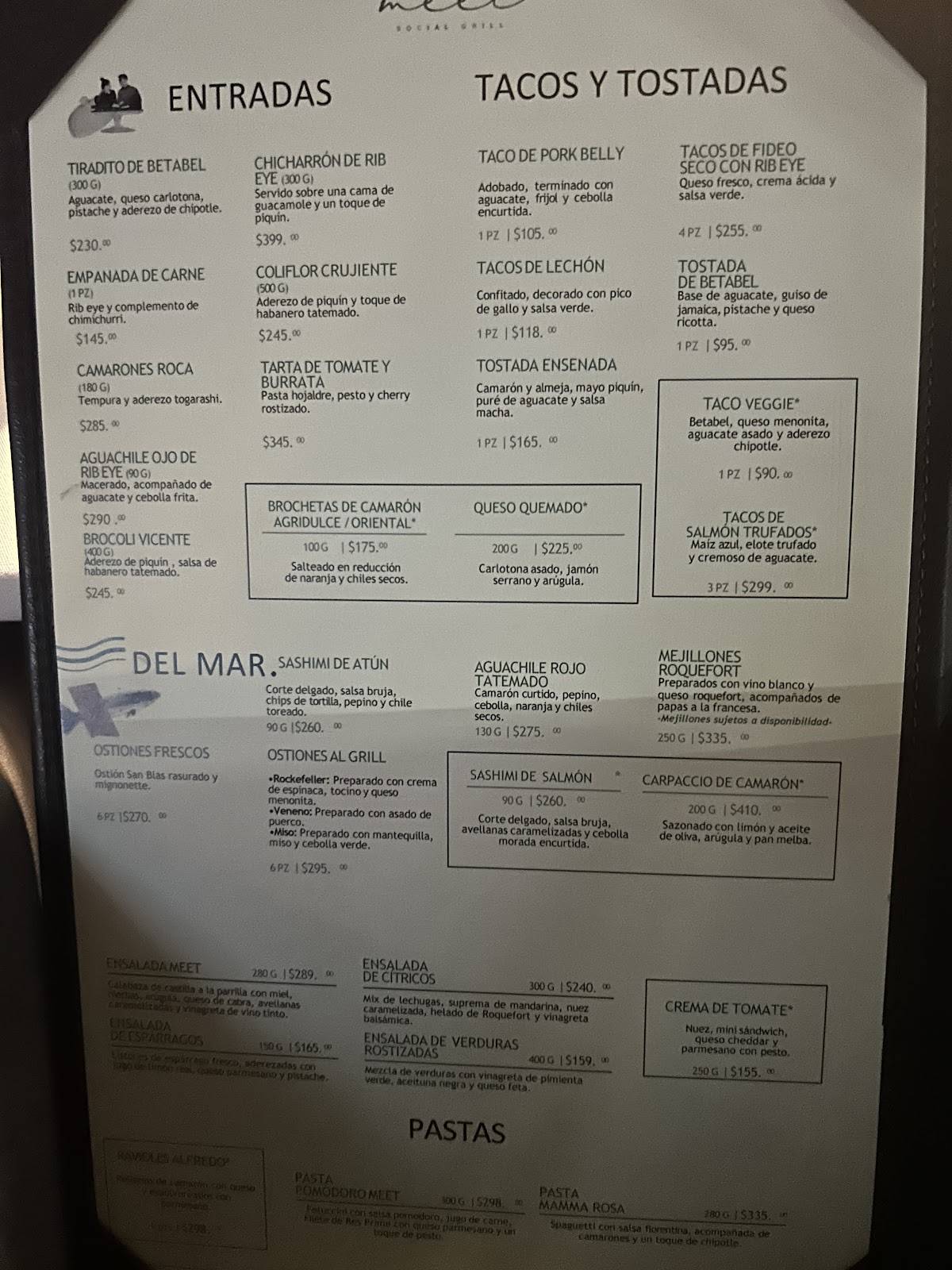 Carta de Meet Restaurante, Guadalajara
