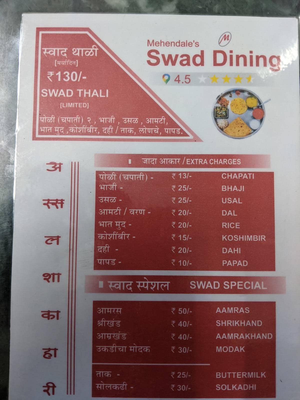 Menu at Mehendale's Swad Dining, Ganpati Pule