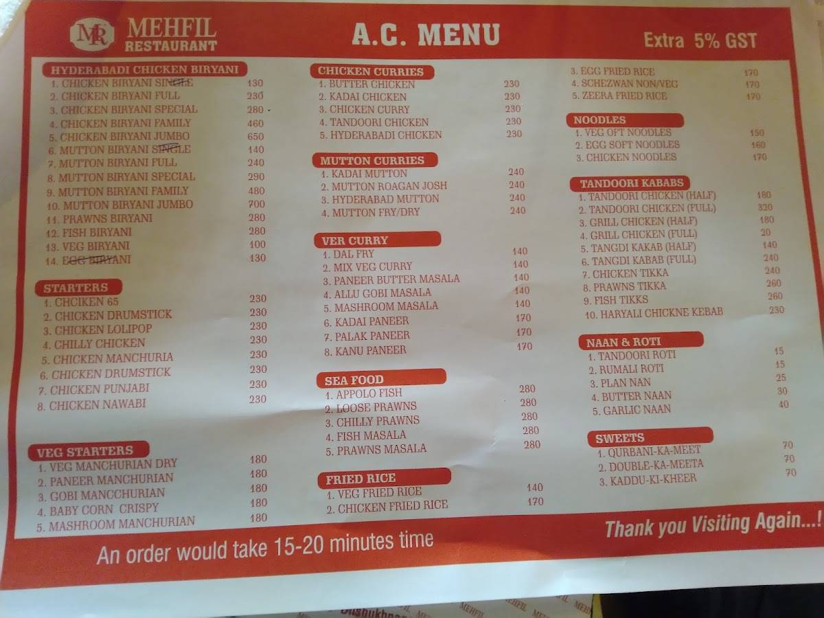 Menu at Mehfil Restaurant, Hyderabad, Nizampet X road