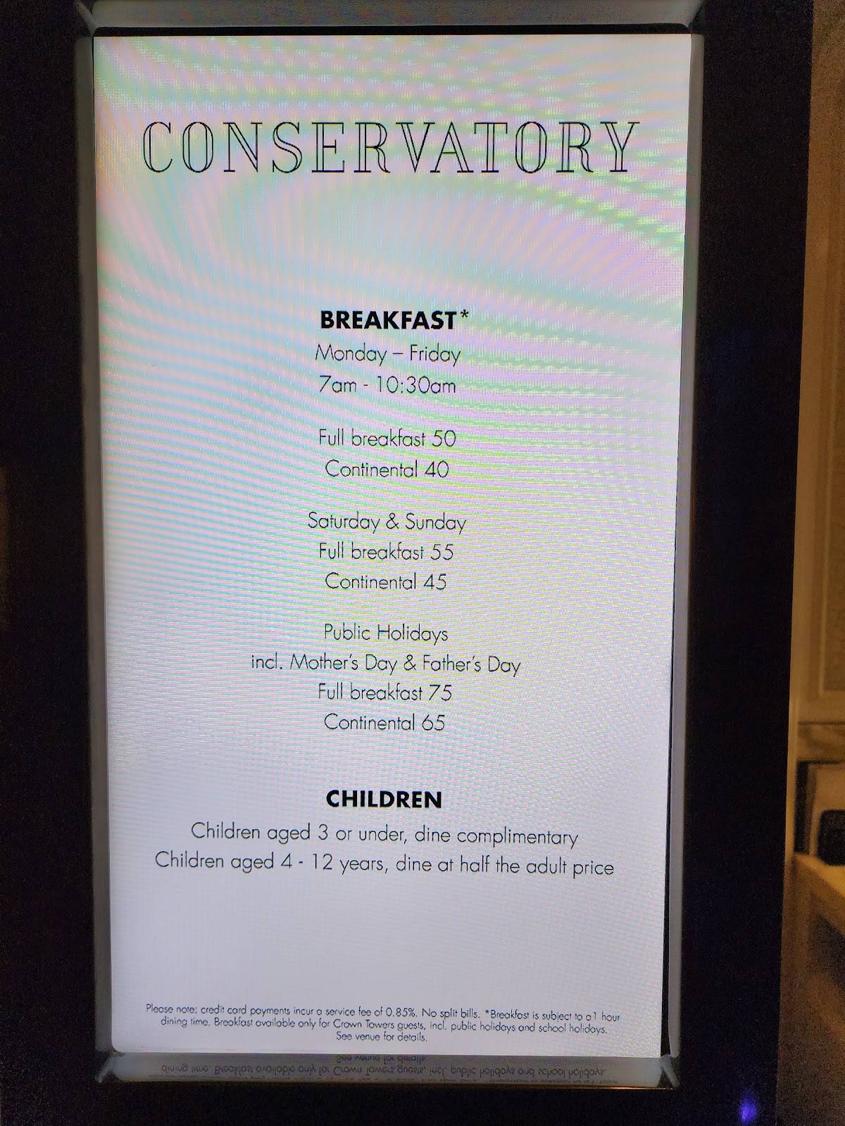 Menu at Conservatory restaurant, Southbank, Crown Melbourne