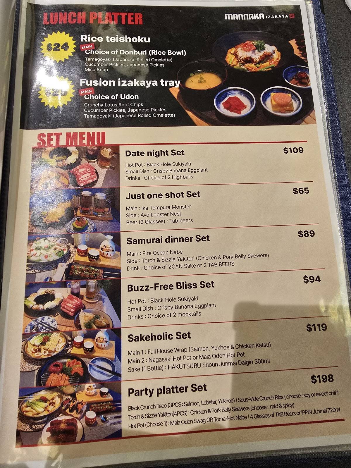 Menu at Mannaka Izakaya restaurant, Melbourne