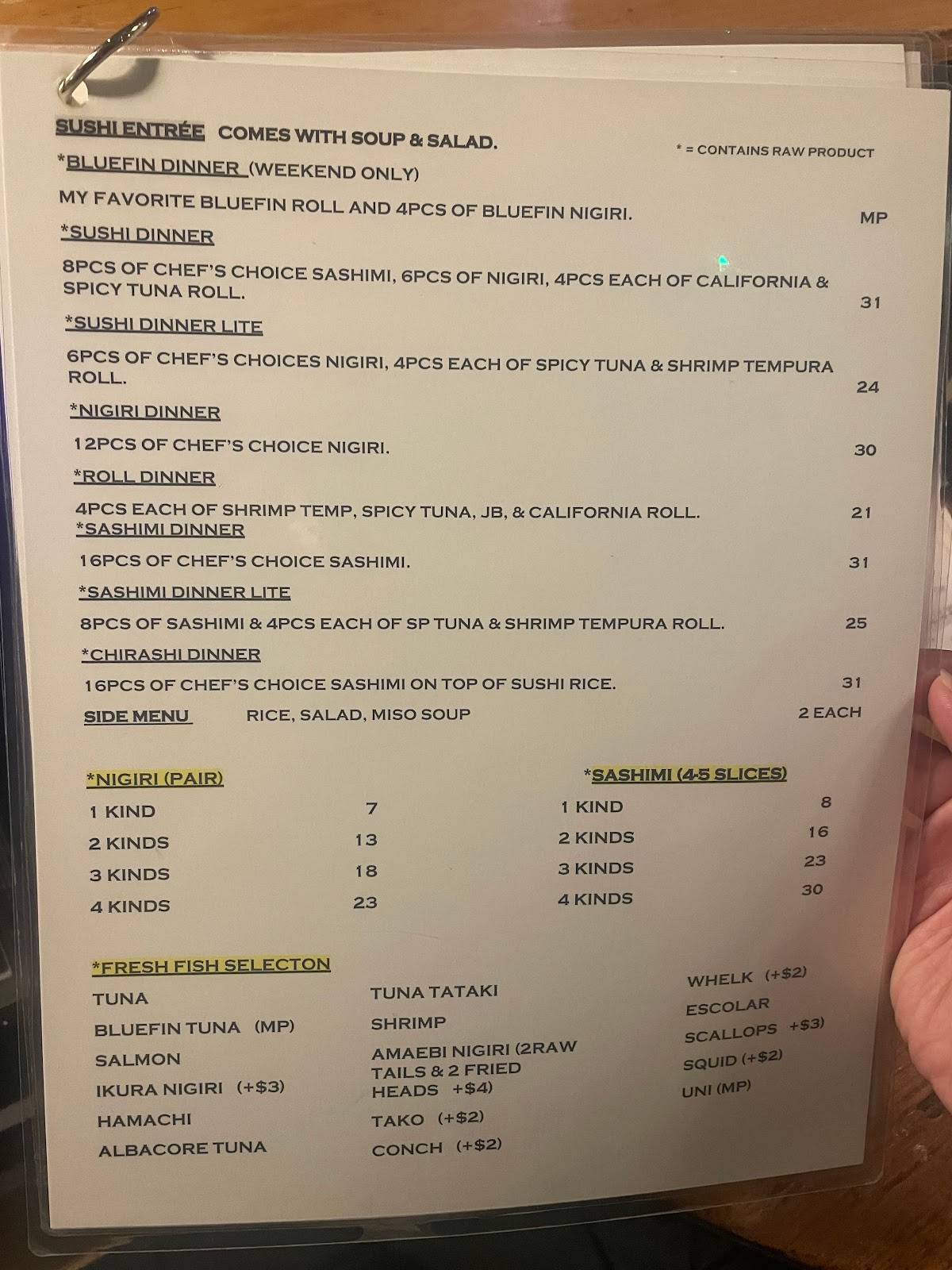 Menu at NAOKI JAPANESE CUISINE restaurant, Palm Bay