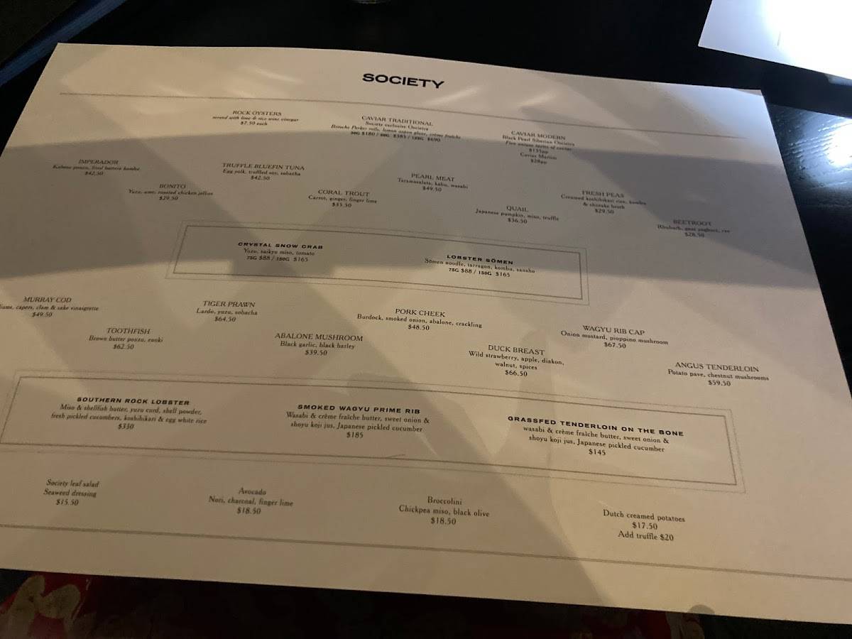 Menu at Society restaurant, Melbourne, 80 Collins St