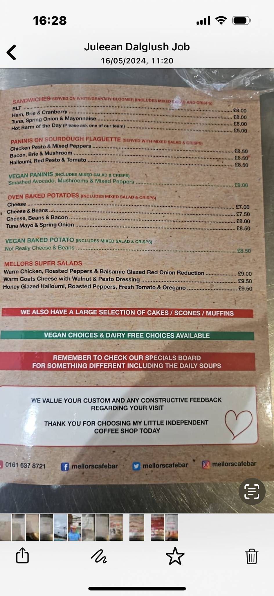 Menu at Mellors cafe, Stockport, 4 The Precinct