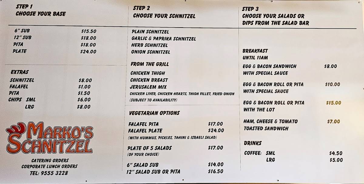 Menu at Marko's Schnitzel restaurant, Moorabbin