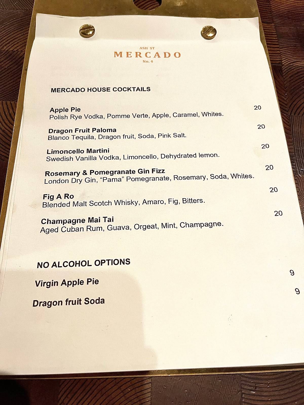 Menu at Mercado restaurant, Sydney