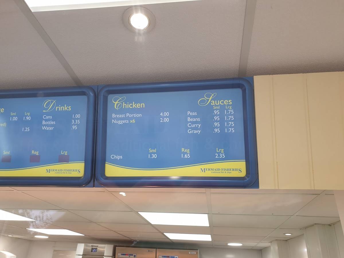 Menu at Mermaid Fisheries fast food, Horncastle