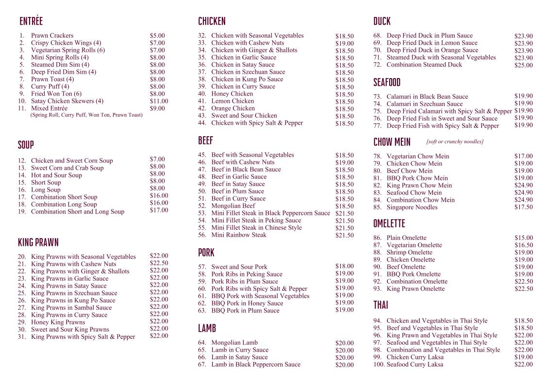 Menu at Merrimac Chinese Take Away restaurant, Merrimac
