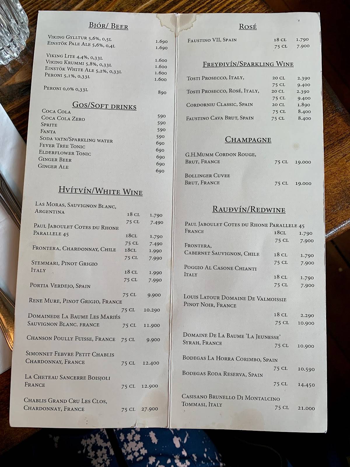 Menu at Messinn restaurant, Reykjavík, Lækjargata 6