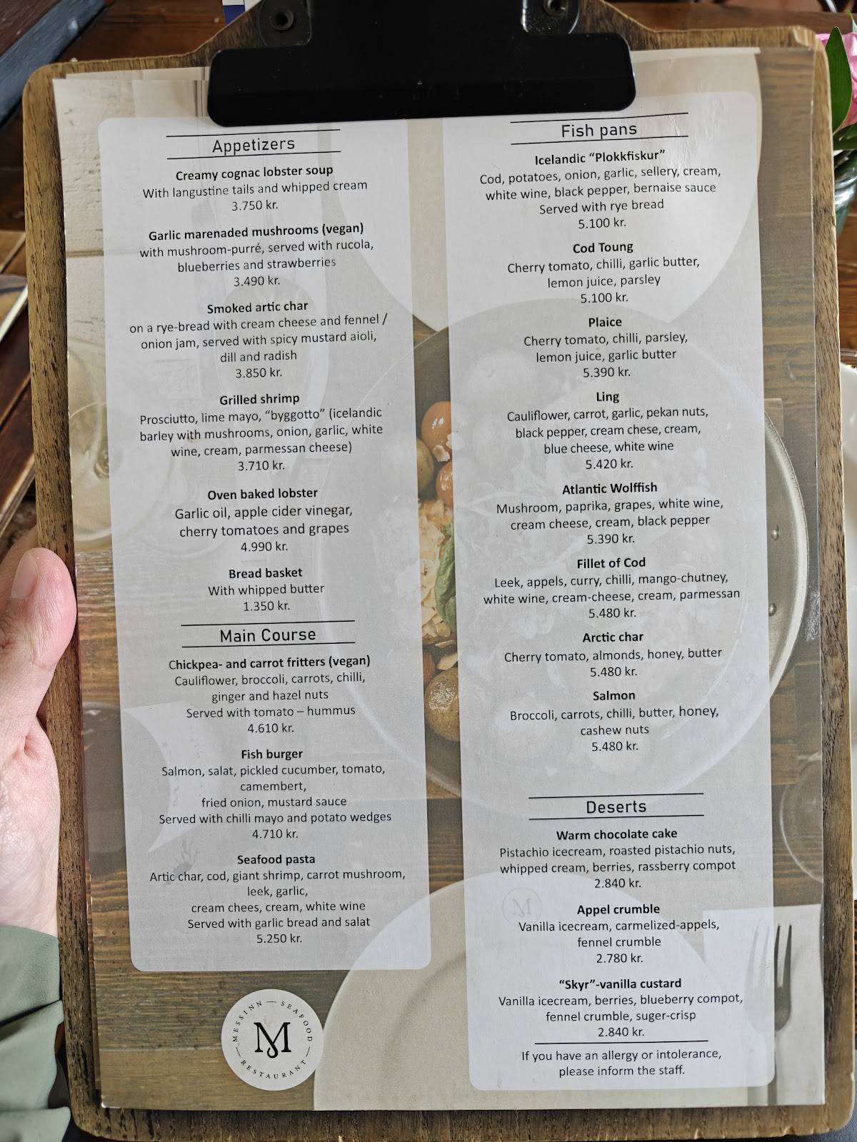 Menu at Messinn restaurant, Reykjavík, Lækjargata 6
