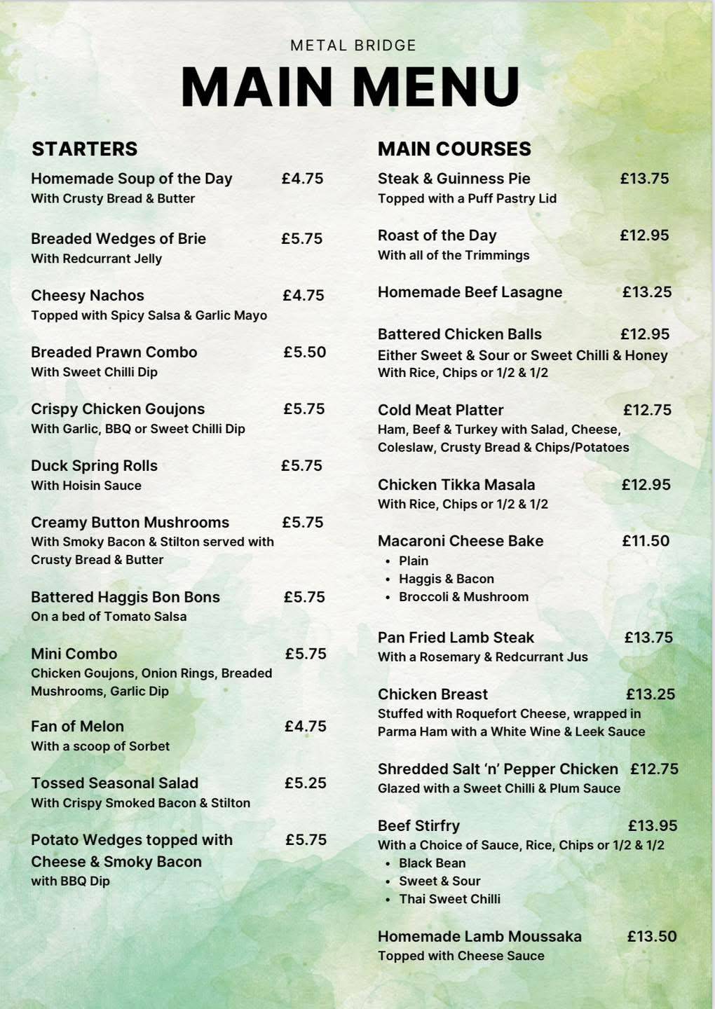 Menu at Metal Bridge Inn pub & bar, Carlisle