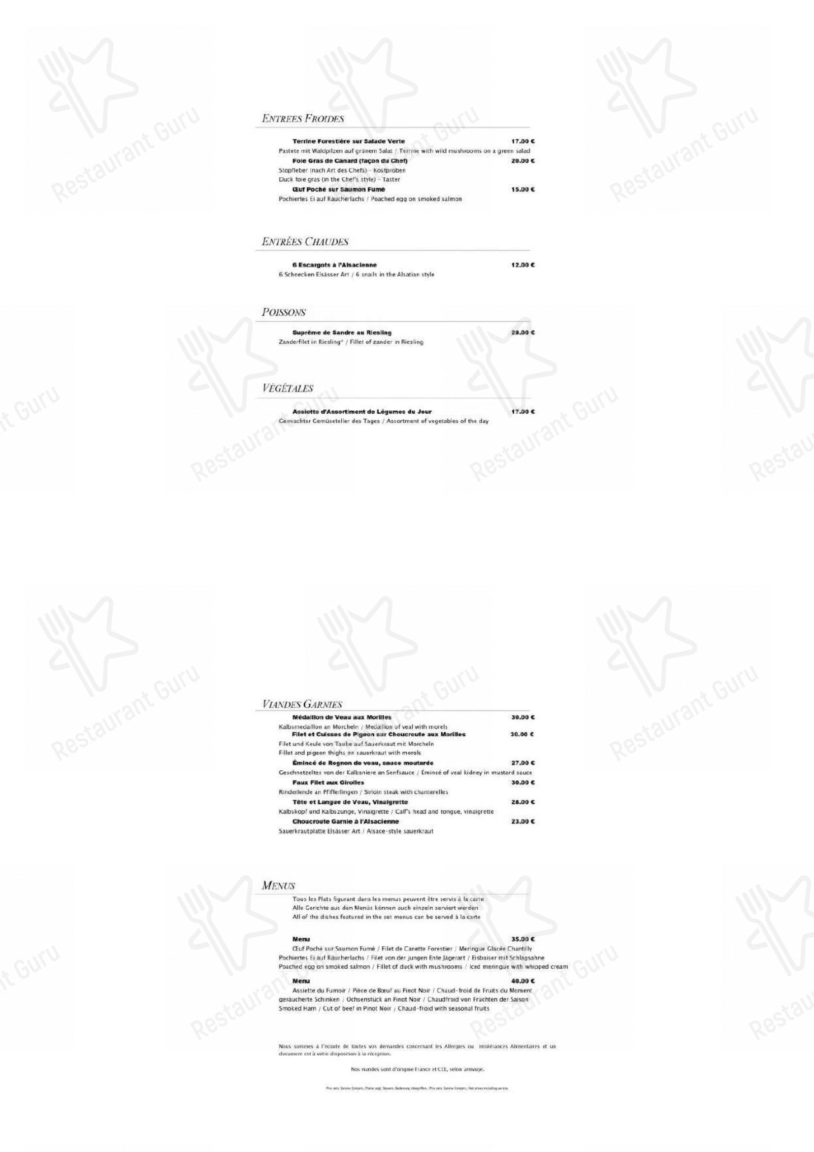 Menu au Metzger restaurant, Natzwiller