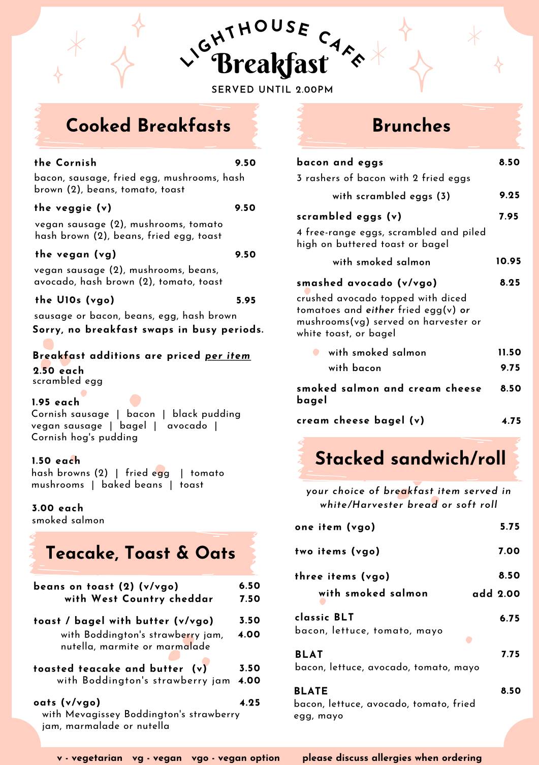 Menu at The Lighthouse Cafe, Mevagissey