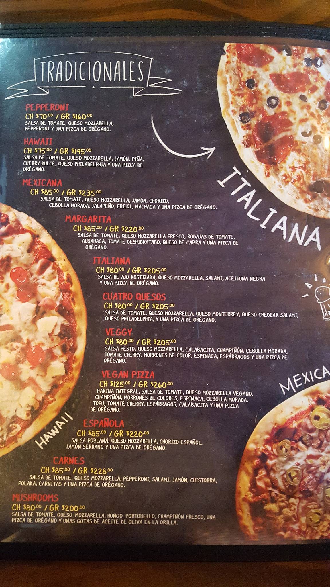 Carta de pizzería Adobe pizza, Mexicali, Blv villafontana Sin nunero