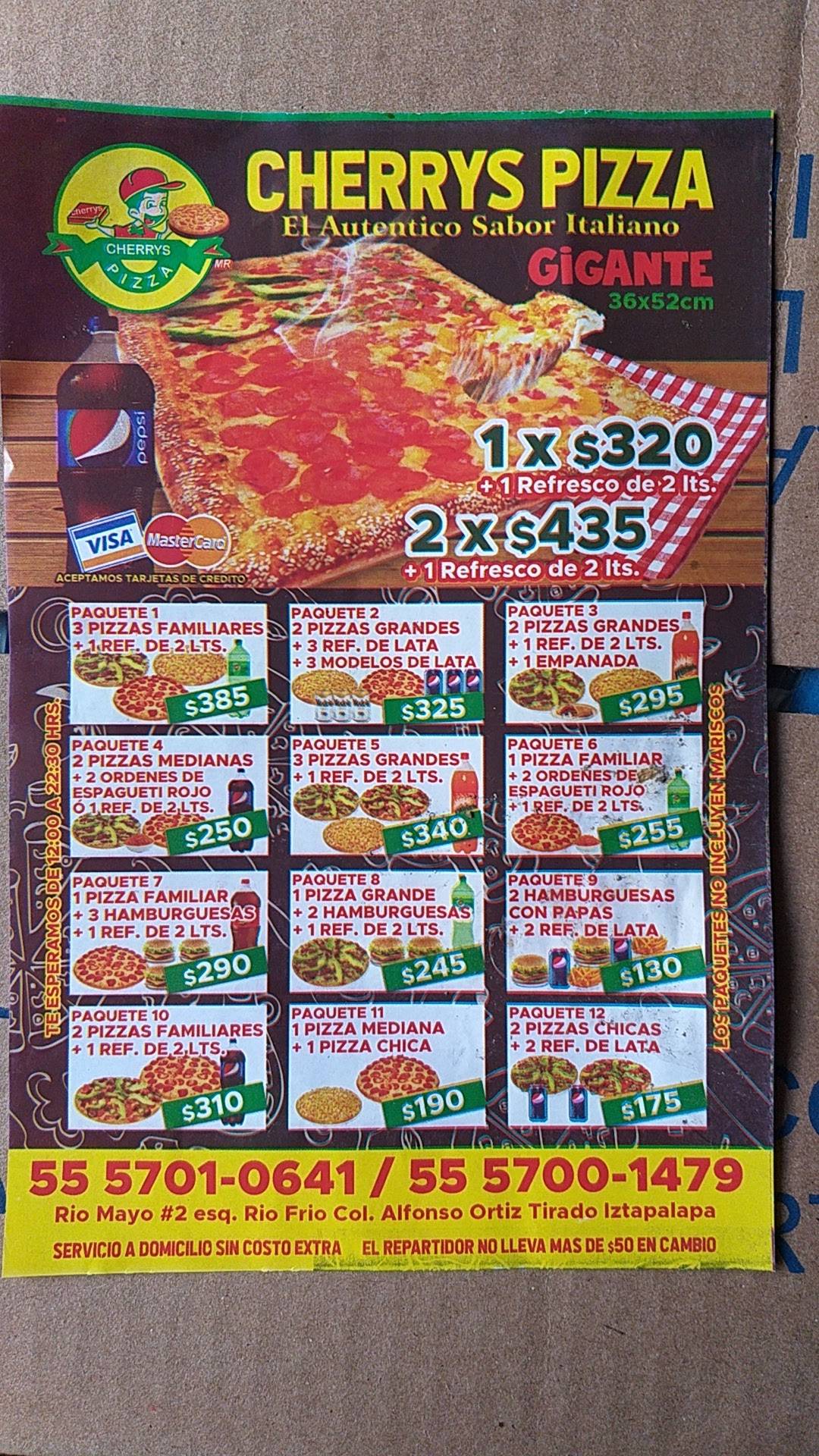 Carta del restaurante Cherrys Pizza, Ciudad del México, Av. Río Mayo 2