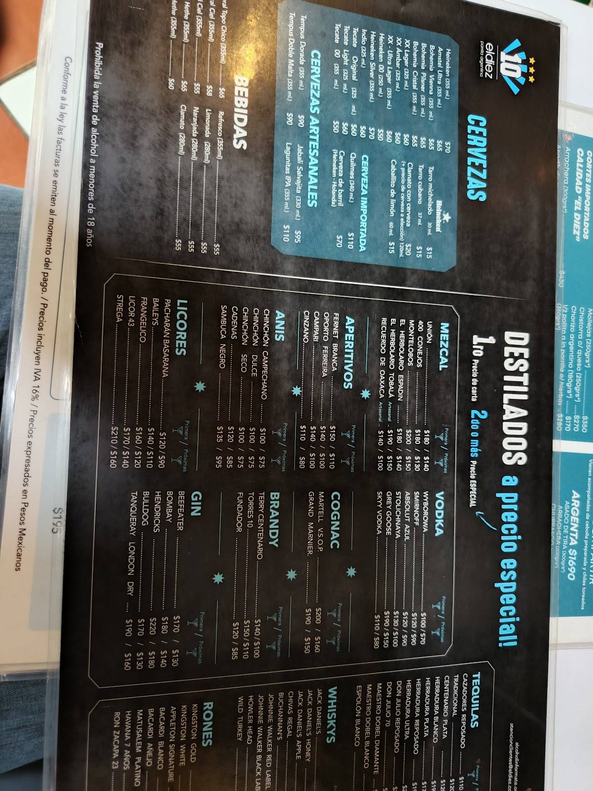 Carta del restaurante El Diez, Ciudad del México, Lago Alberto #320