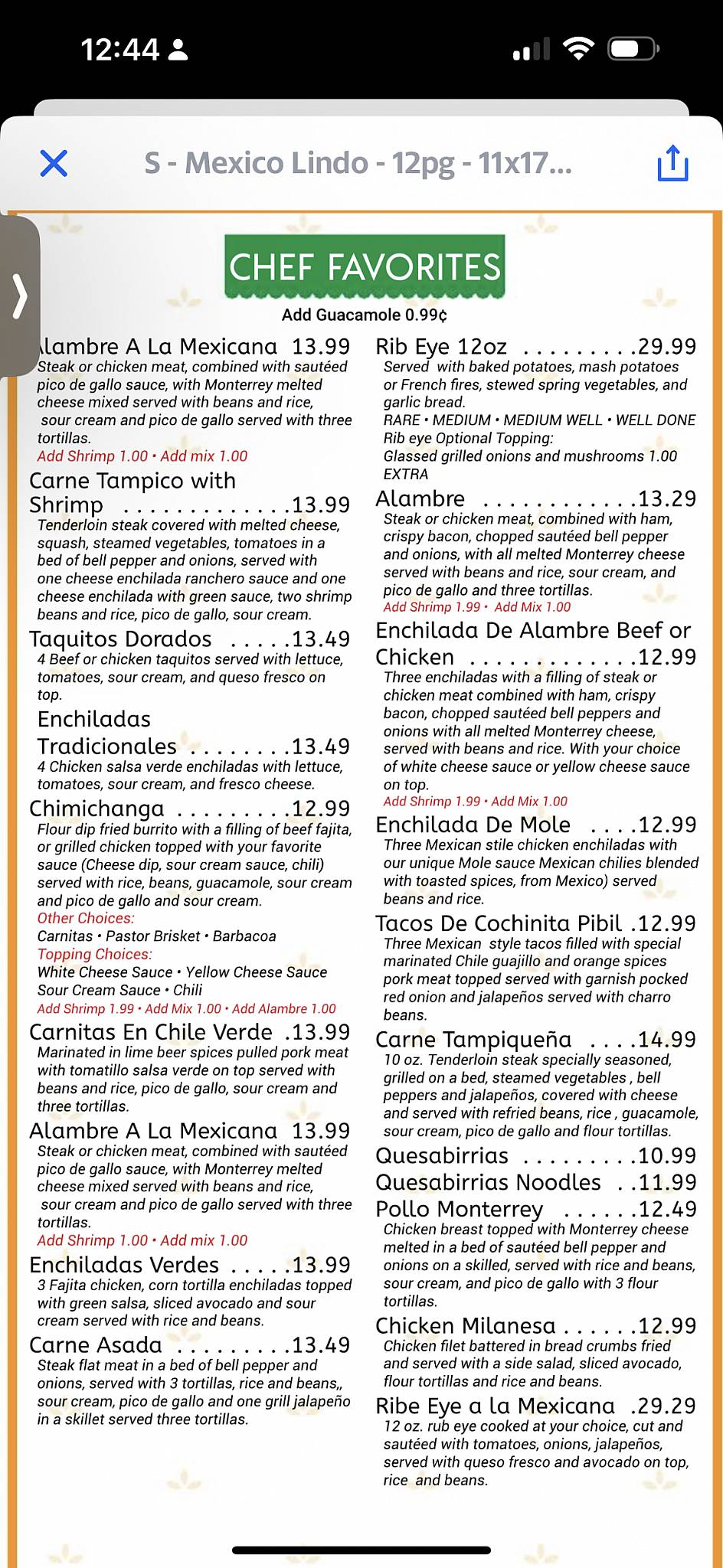 Menu at Mexico Lindo mexican grill restaurant, Broken Bow