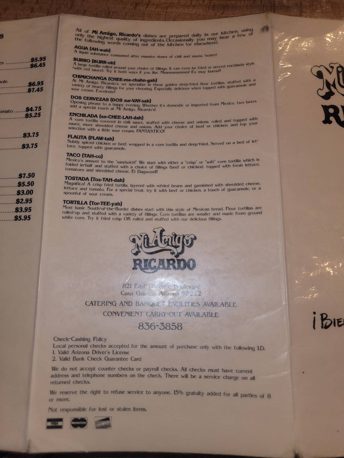 Menu at Mi Amigo Ricardo restaurant, Casa Grande