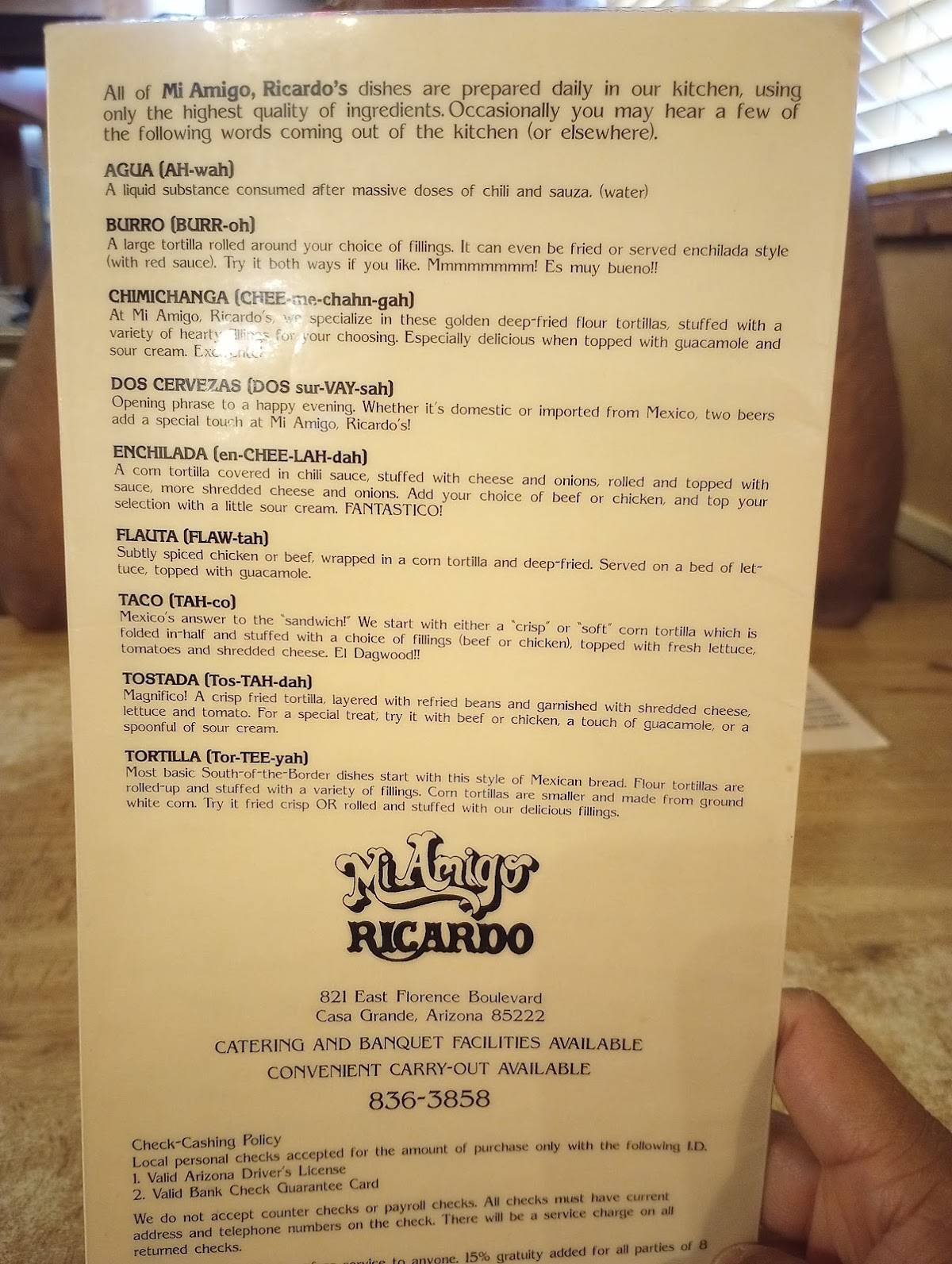 Menu at Mi Amigo Ricardo restaurant, Casa Grande
