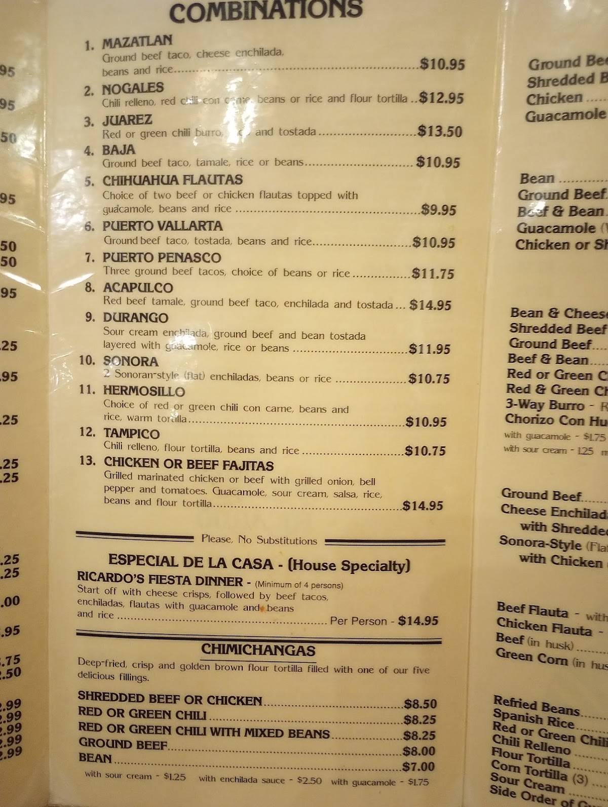 Menu at Mi Amigo Ricardo restaurant, Casa Grande