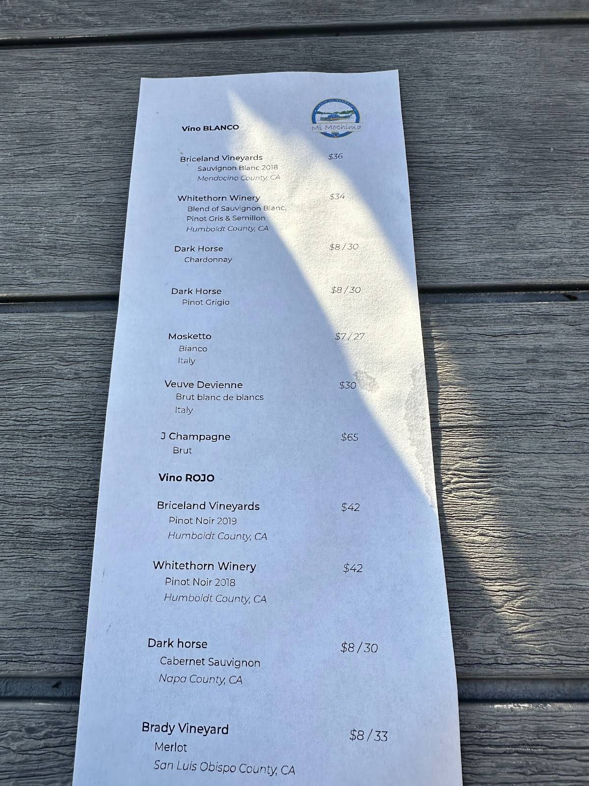 Menu at Mi Mochima Restaurant, Shelter Cove