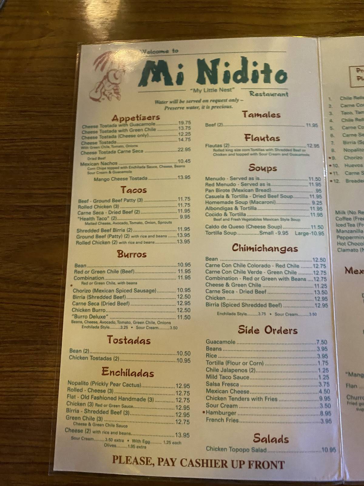 Menu at Mi Nidito Restaurant, Tucson