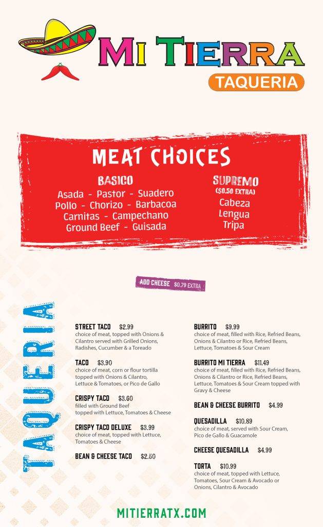 Menu at Mi Tierra Taqueria restaurant, Lubbock