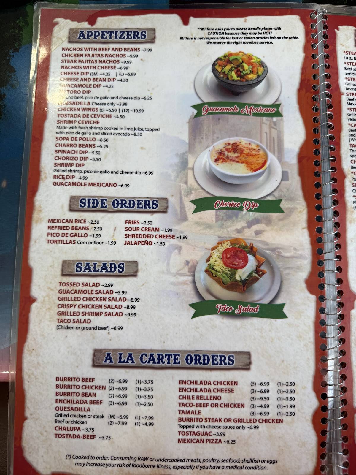 Menu at Mi Toro Mexican Restaurant, Morristown